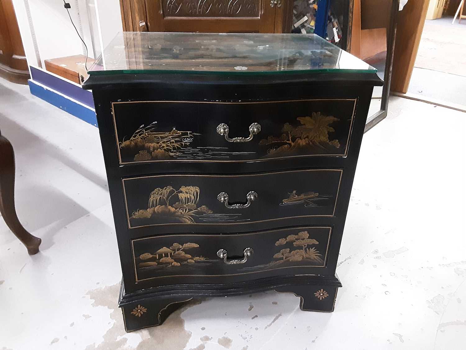 Lot 1038 - Oriental black lacquered chest of three