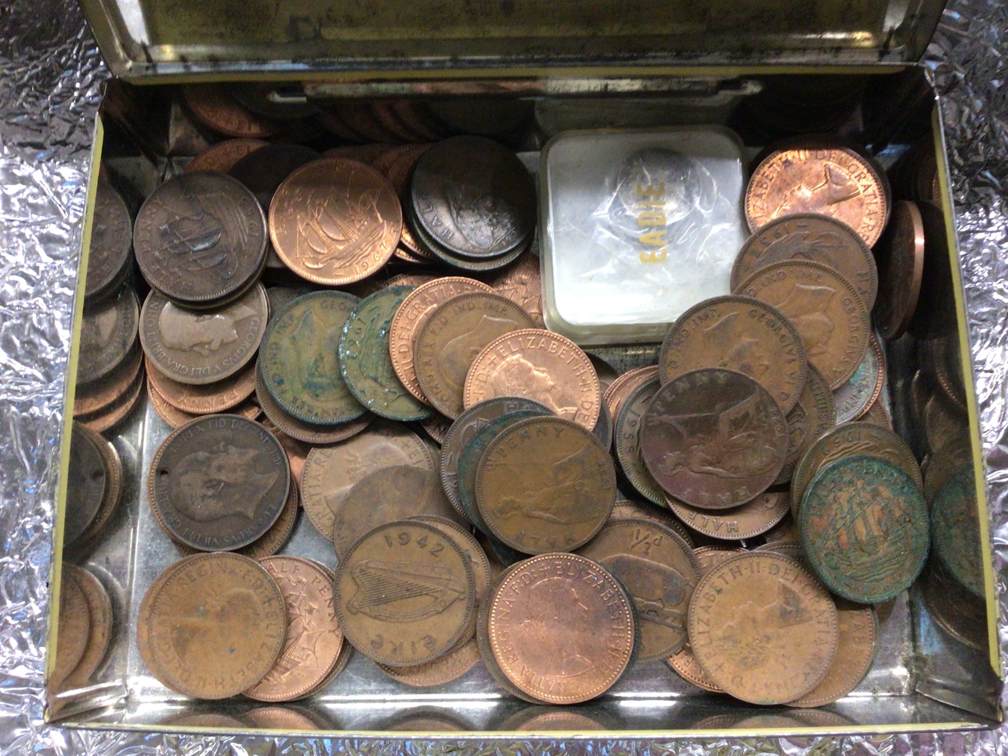 Lot 174 - Old tin containing GB and World coins