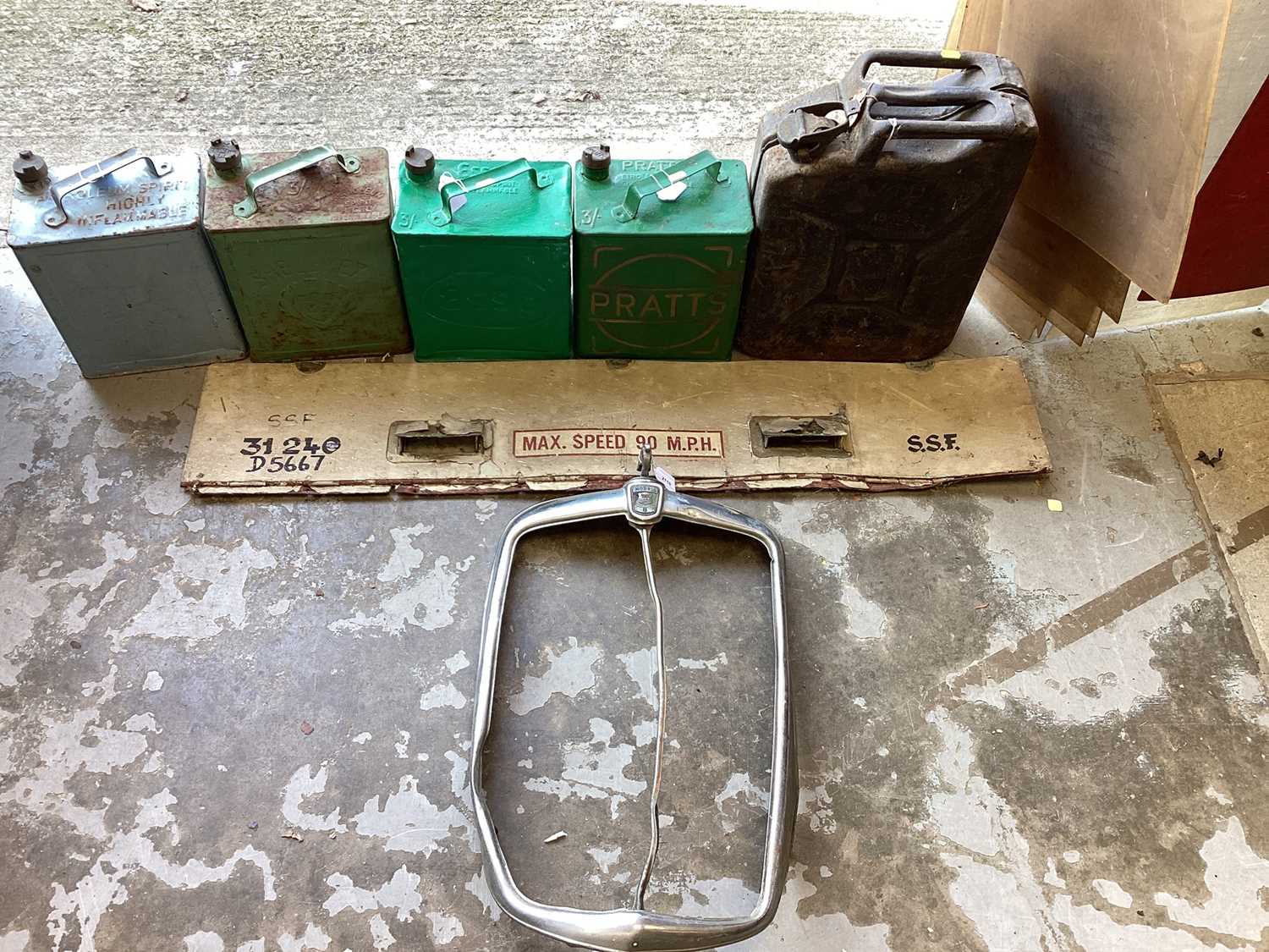 Lot 2110 - Five vintage petrol cans, and a Morris 8