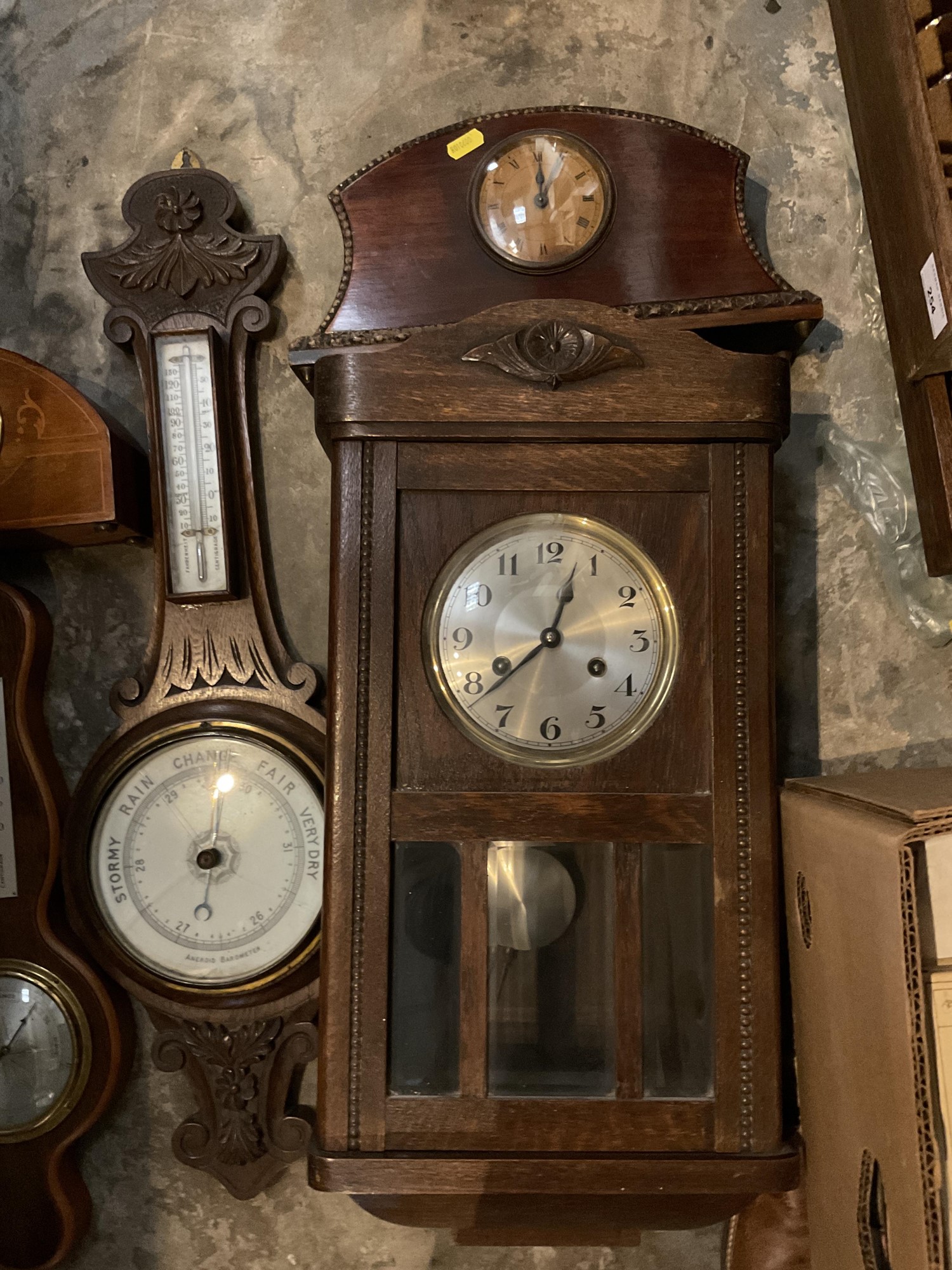 Lot 247 - 1930s oak cased wall clock, two vintage