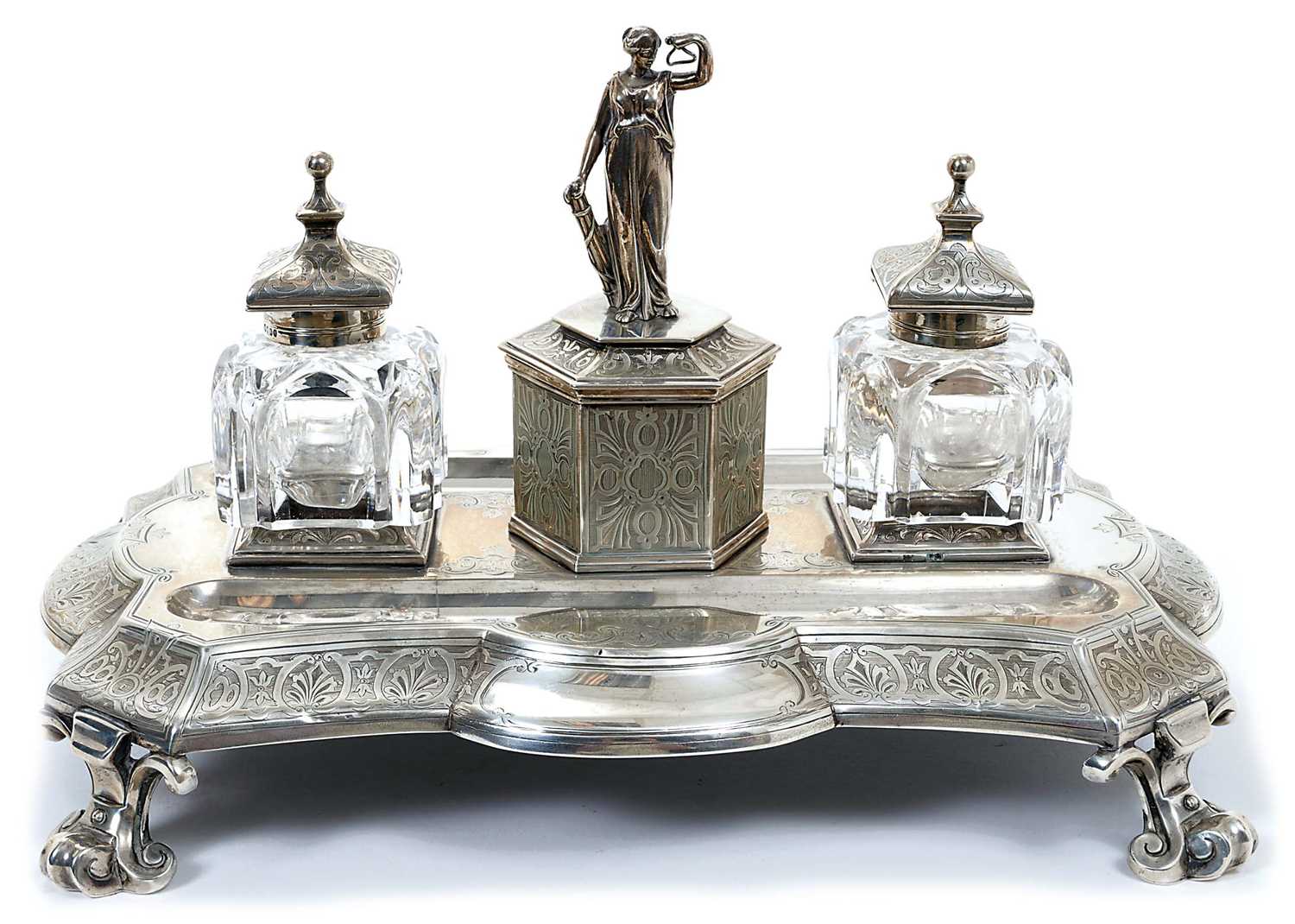 Lot 324 - Victorian silver ink stand of shaped