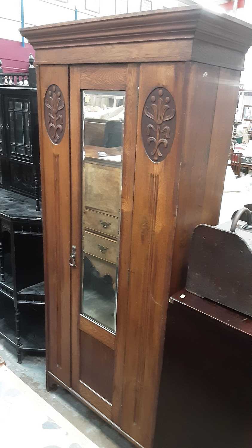 Lot 1216 - Edwardian oak single wardrobe with mirrored