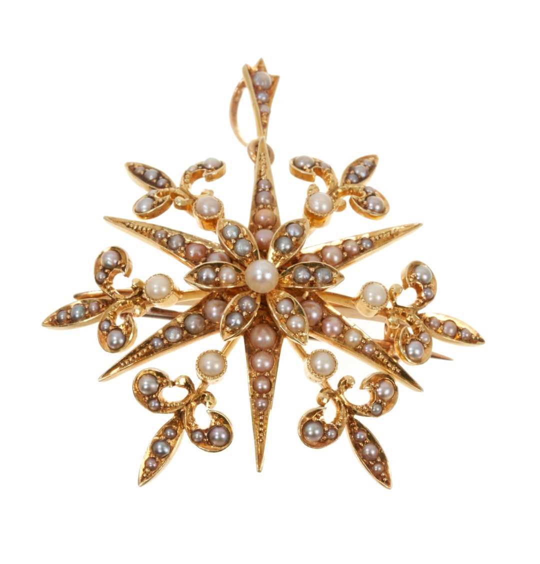 Lot 733 - Victorian 15ct gold and seed pearl snowflake