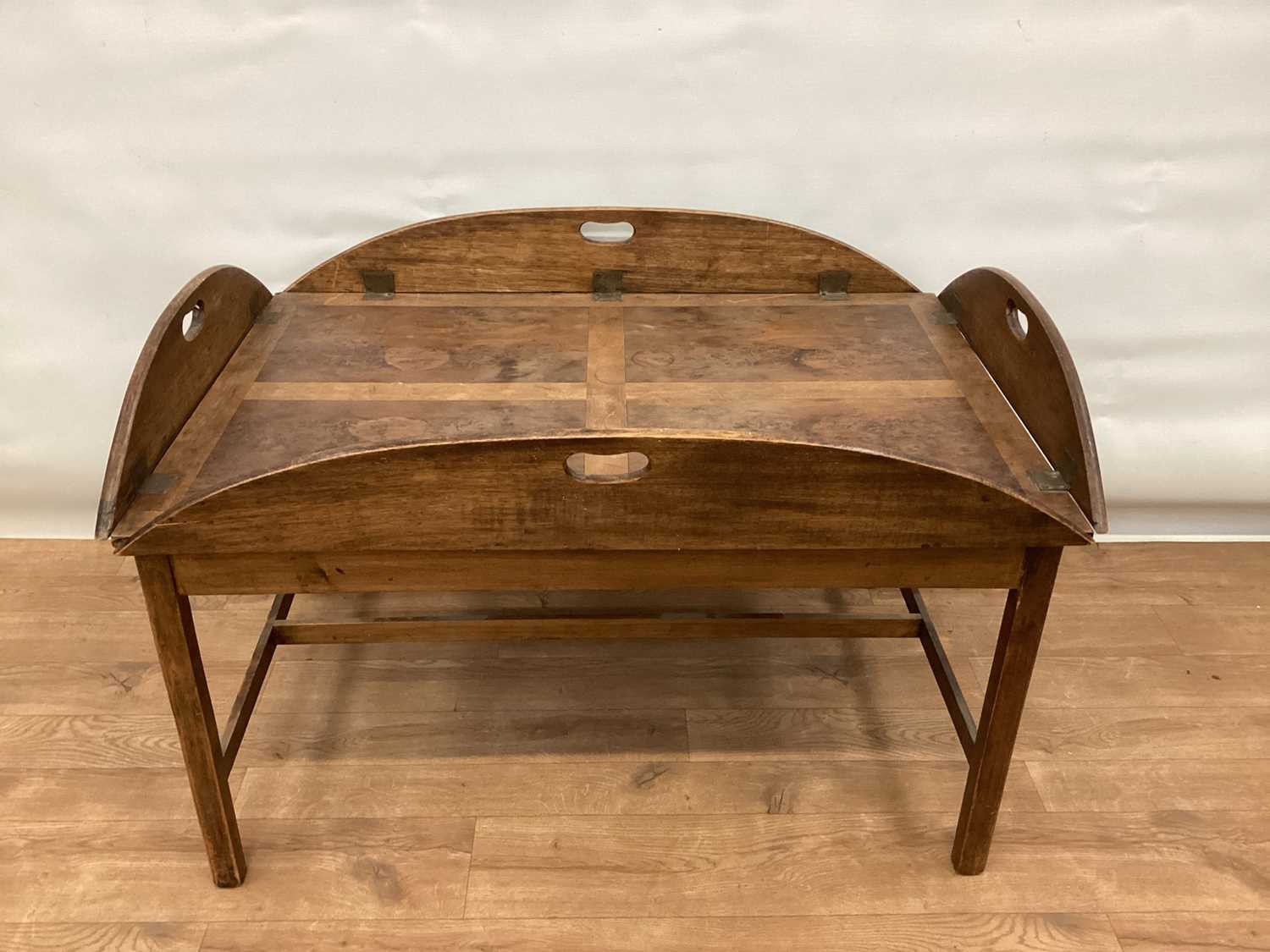 Lot 1367 - Oak and yewwood butlers' tray on stand,