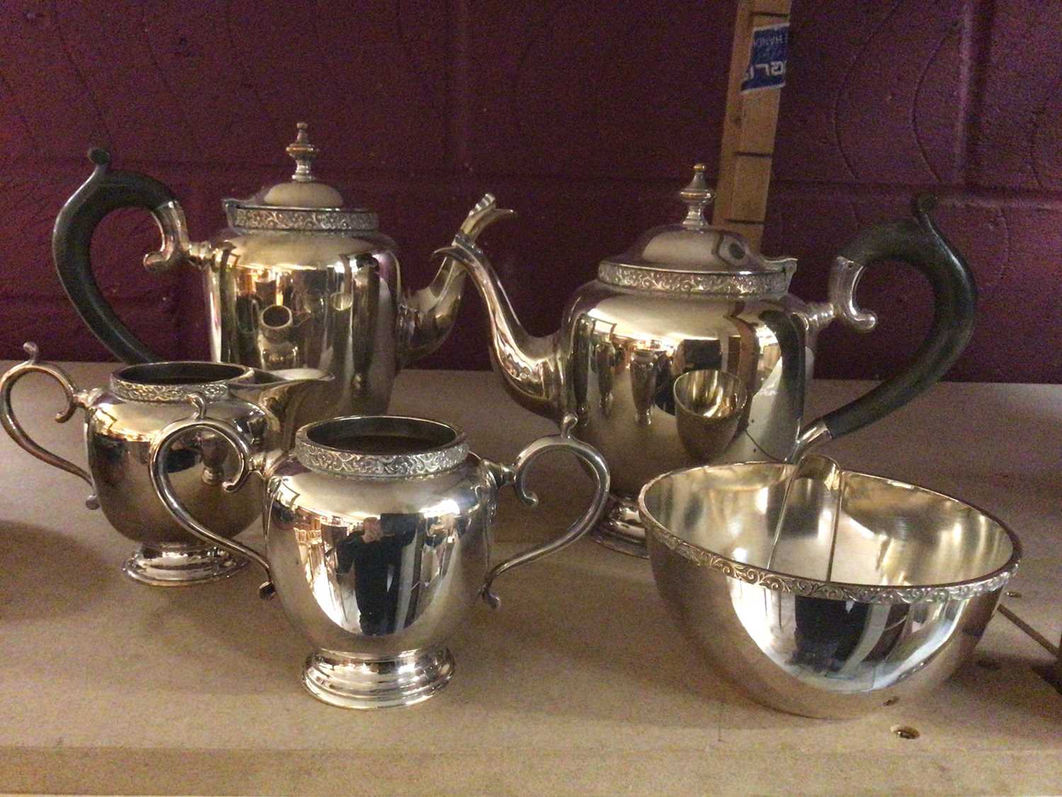 Lot 702 - Plated tea set, onyx mantle clock, stone