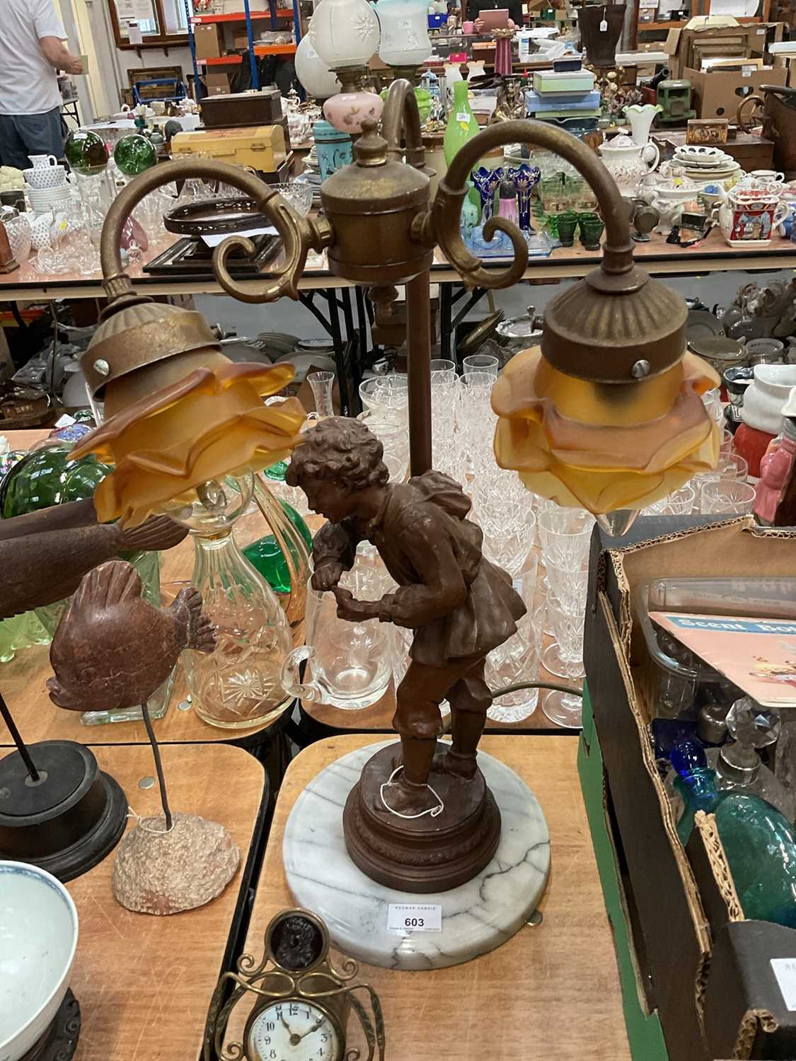 Lot 603 - Bronzed resin figural table lamp, raised on