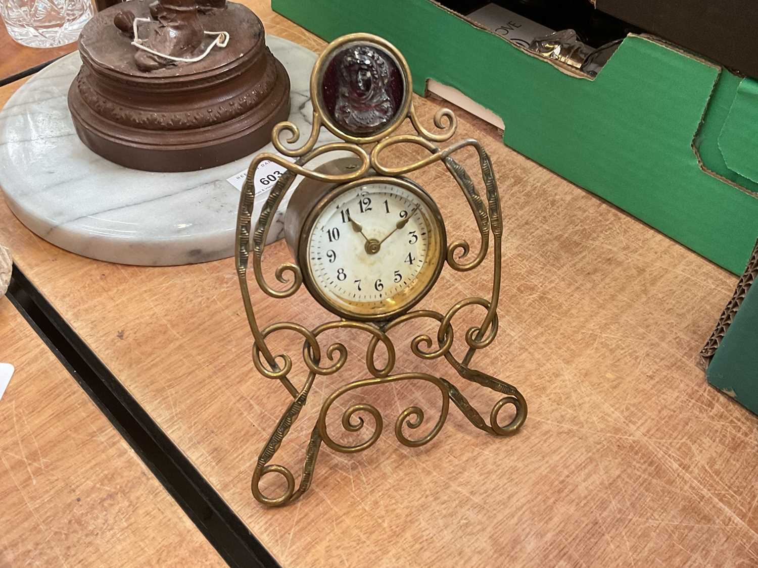 Lot 607 - Early 20th century brass desk clock, set