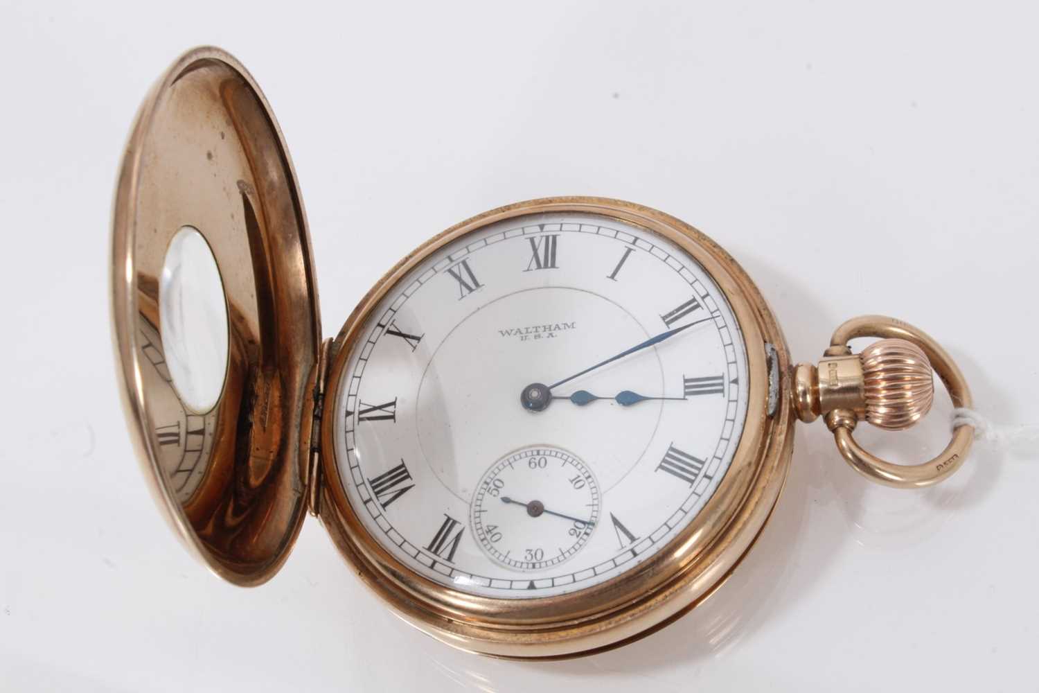 Lot 420 - 9ct gold Waltham half hunter pocket watch