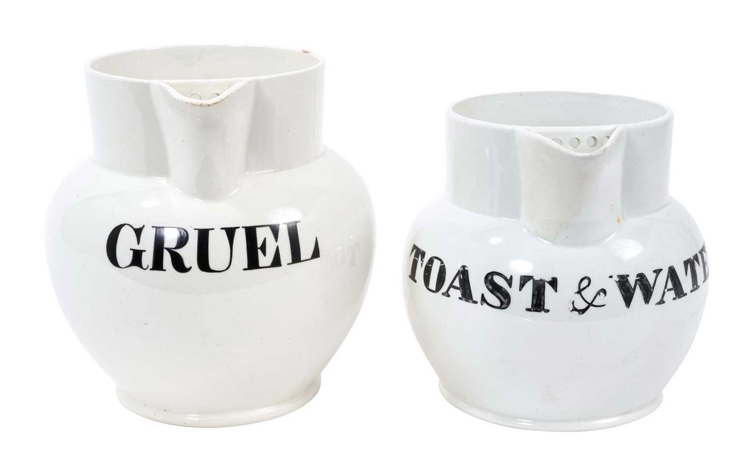 Lot 1408 - Two 19th century white glazed pottery jugs,