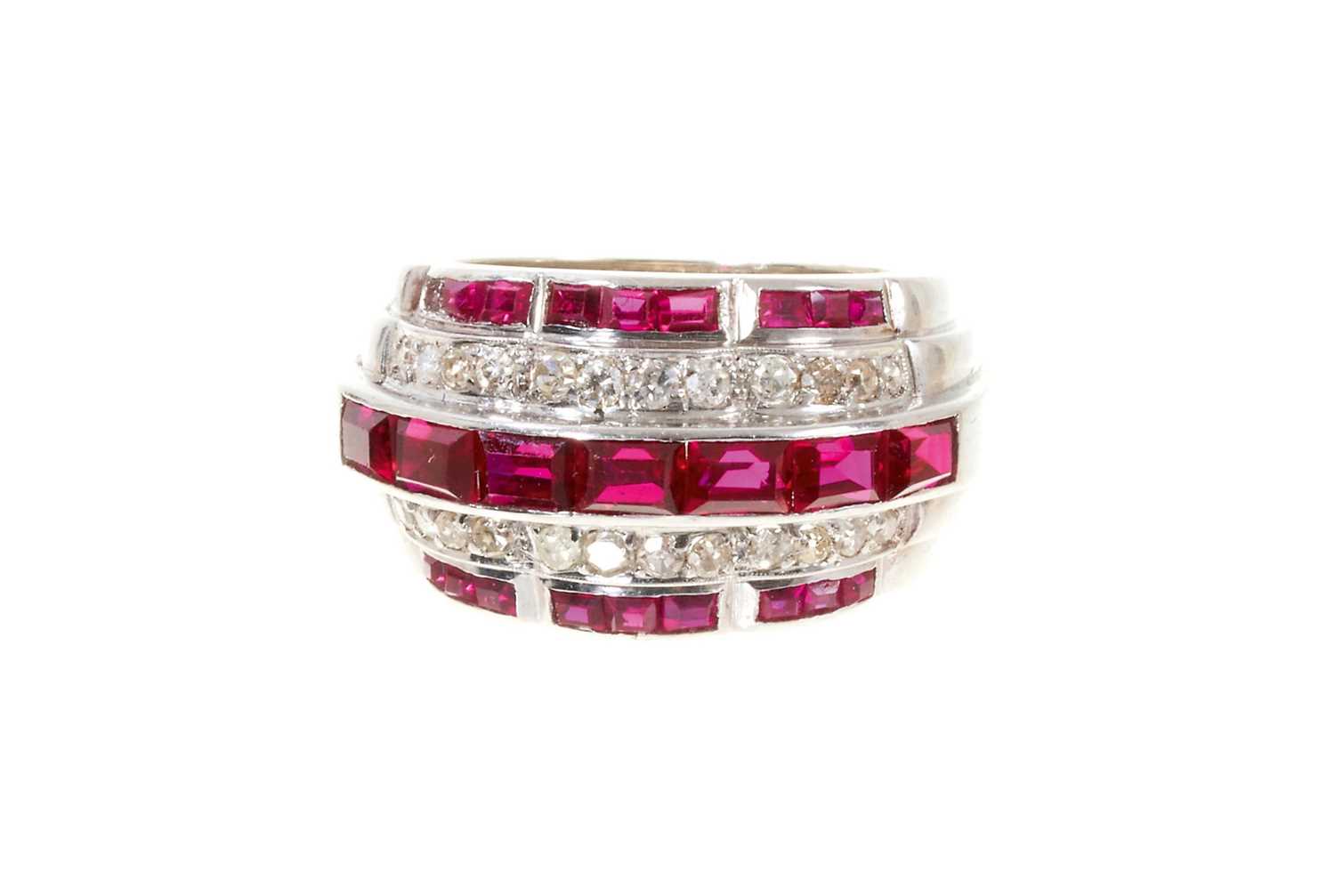 Lot 497 - Art Deco ruby and diamond five-row ring with