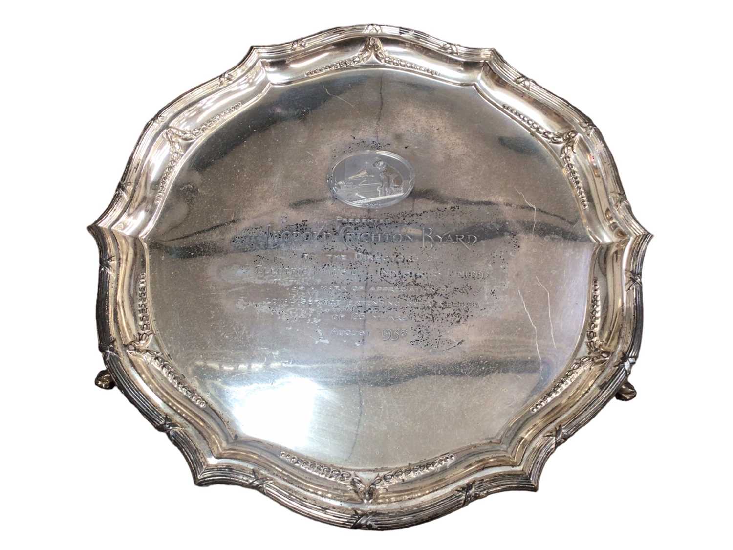 Lot 149 - Silver salver with engraved presentation