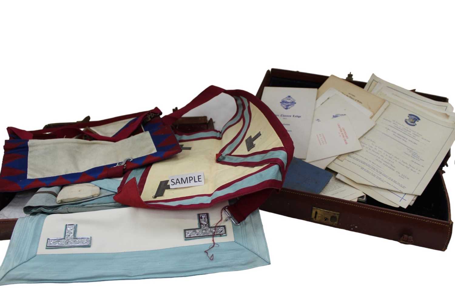 Lot 2479 - Two boxes of Masonic regalia, ephemera, etc