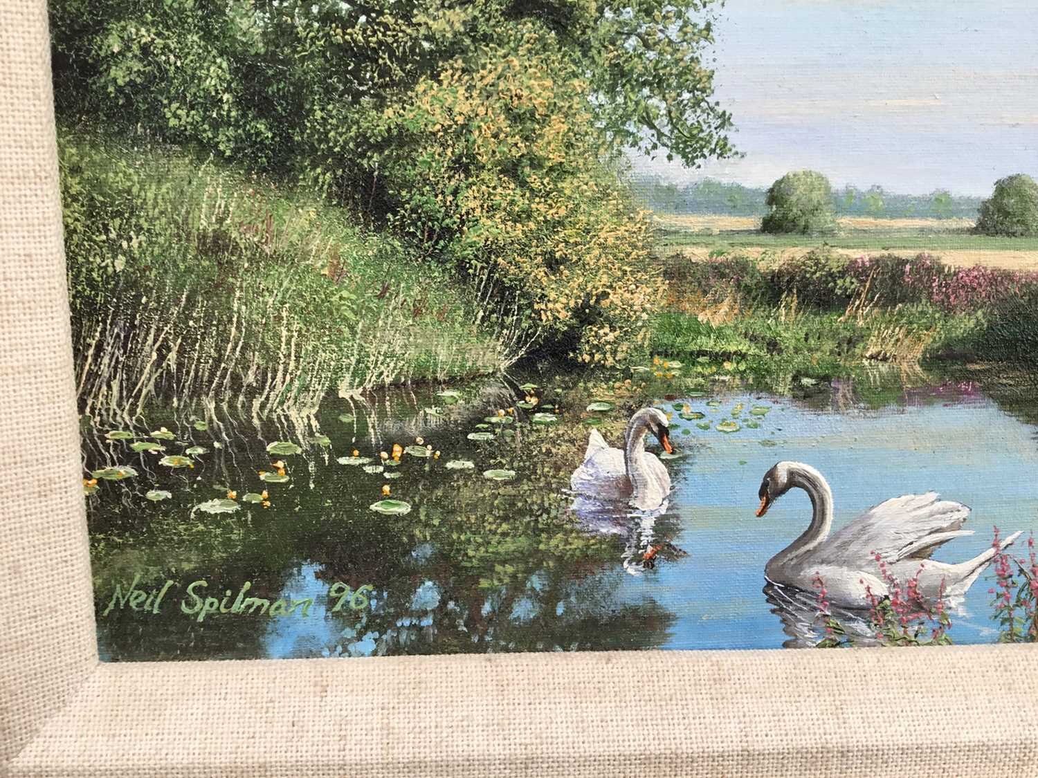 Lot 10 - Neil Spilman (b. 1951) oil on board, swans