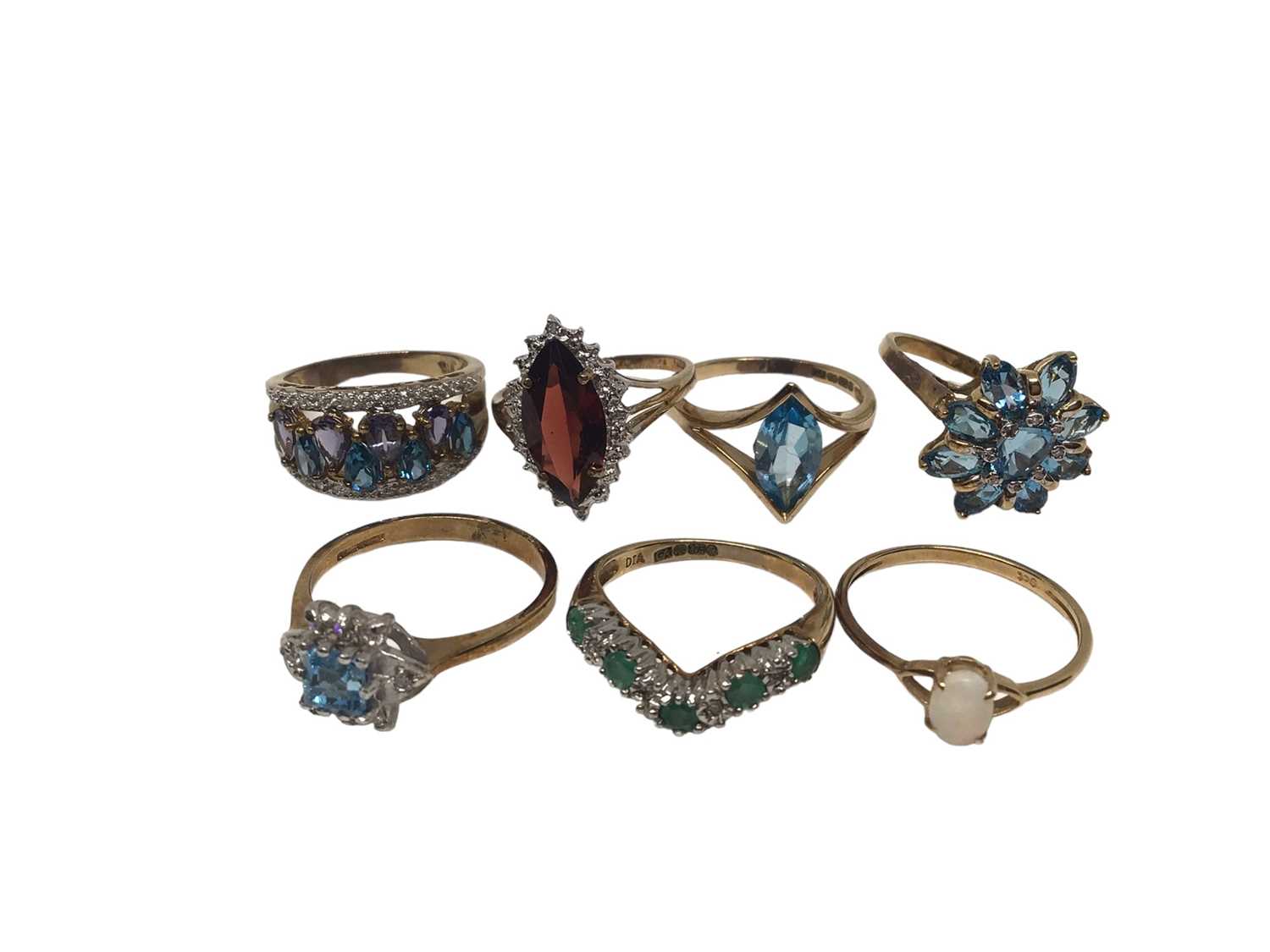 Lot 273 - Seven 9ct gold and gem-set dress rings to