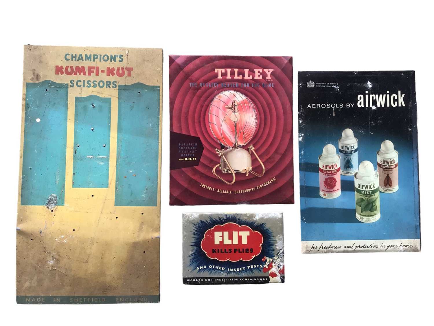 Lot 2649 - Four vintage signs including Tilley heater,