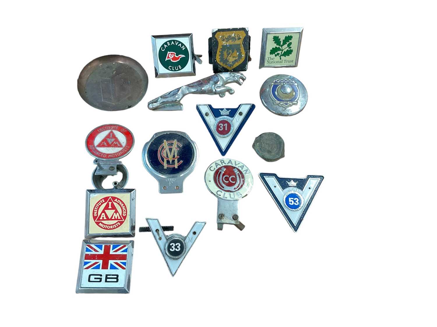 Lot 967 - Lot old car badges, copper petrol can