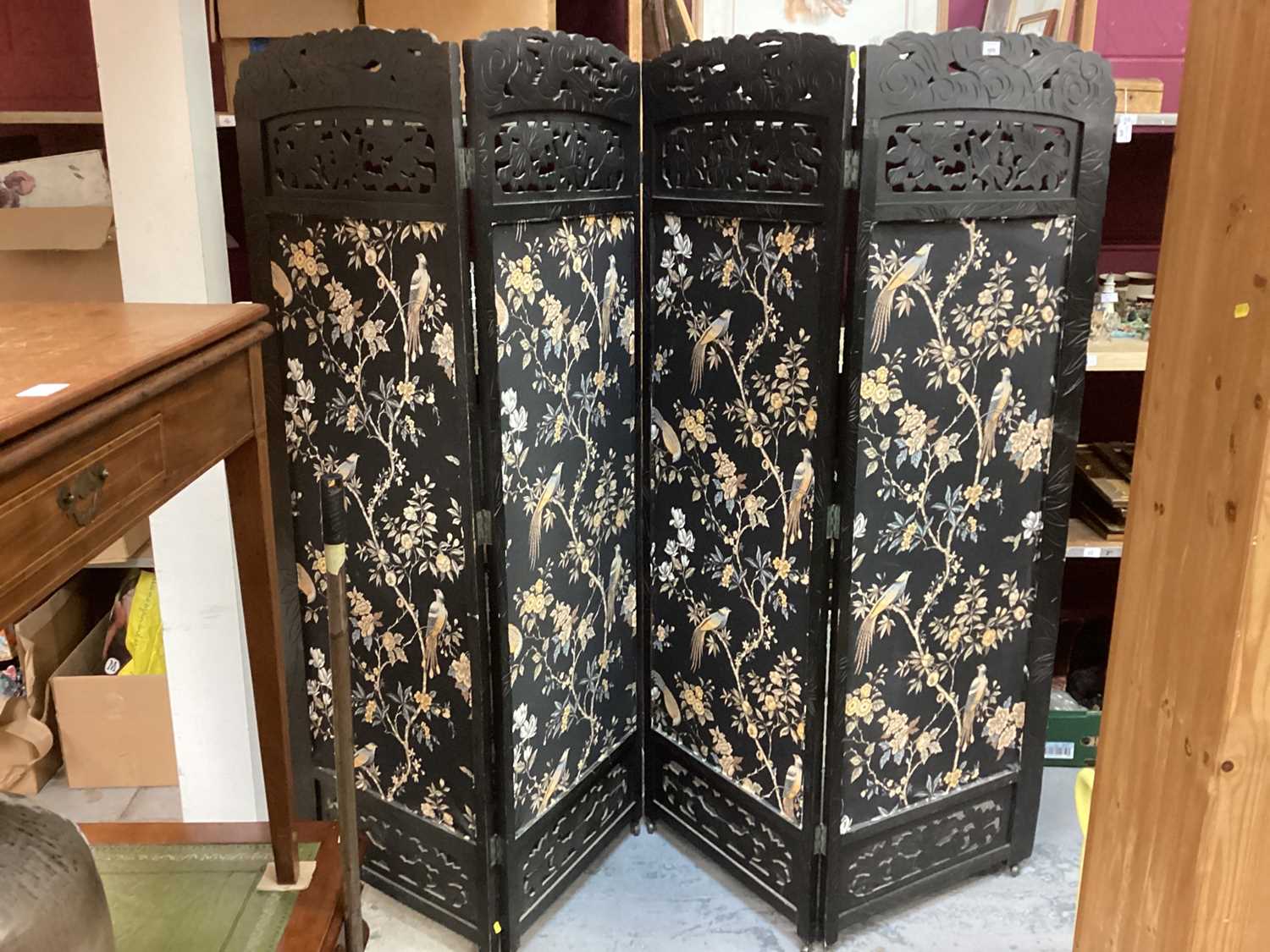 Lot 1378 - Old Eastern carved and ebonised four fold