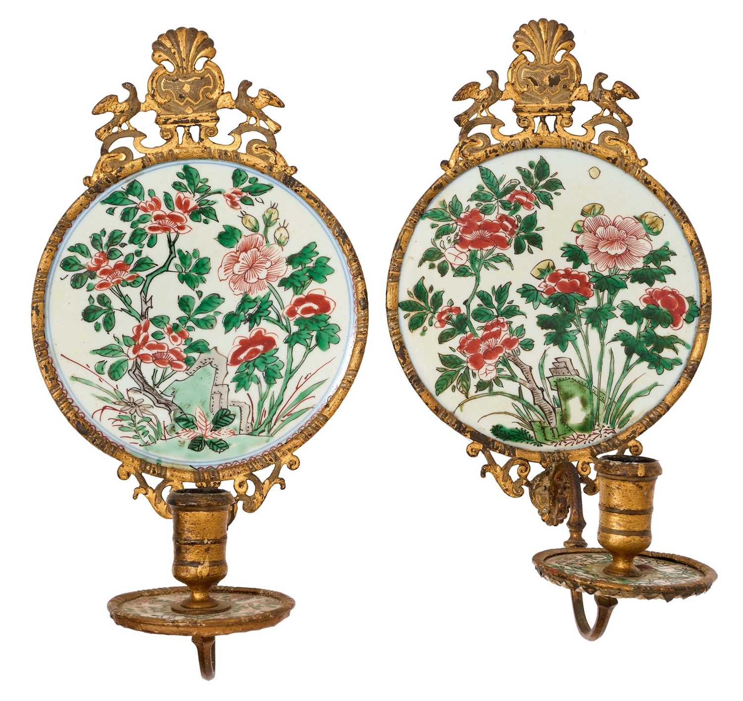 Lot 764 - Pair of continental gilt metal wall sconces,