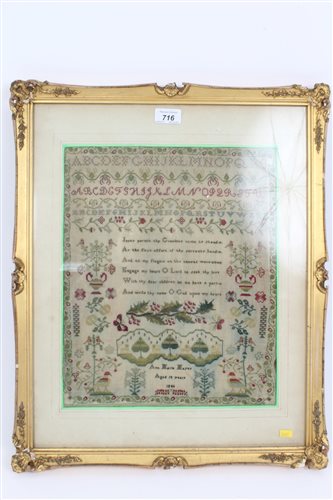 Lot 716 - Early Victorian needlework sampler, by Ann