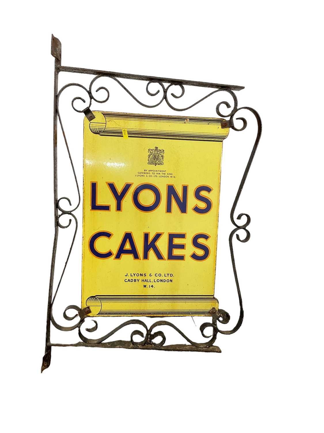 Lot 2442 - Original Lyons Cakes enamel sign mounted in