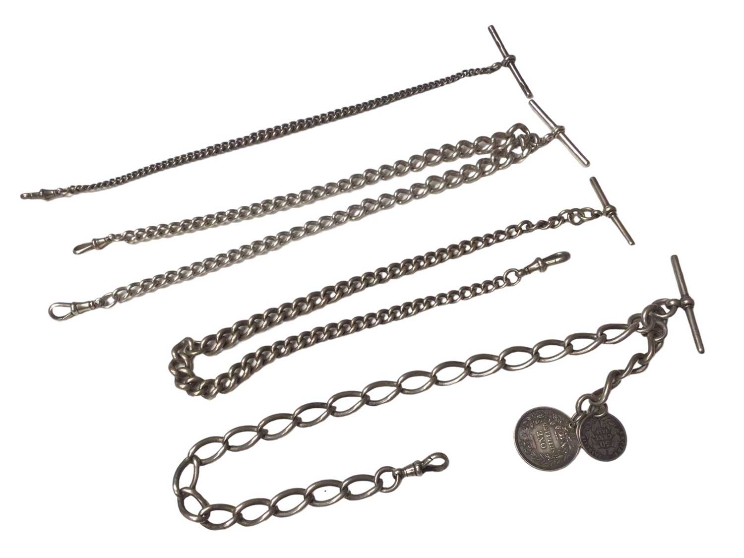 Lot 195 - Four silver curb link watch chains, one with