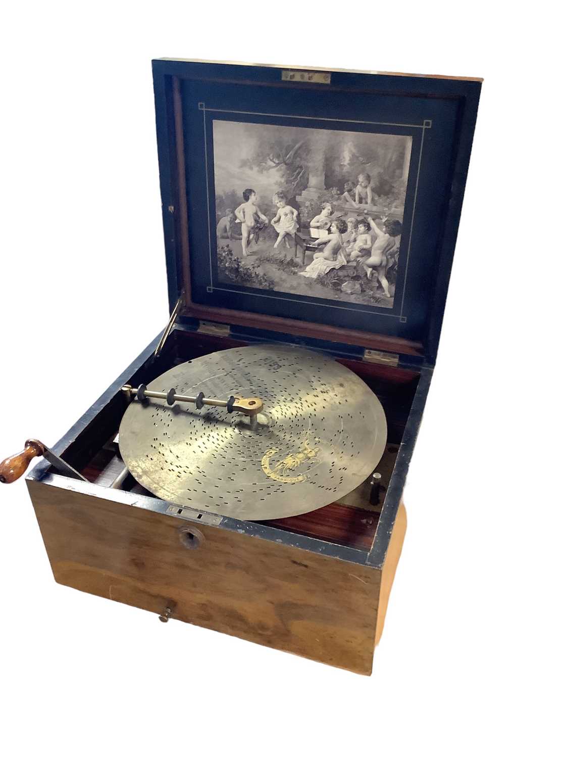 Lot 2202 - Antique Polyphon with disc, the lid inset