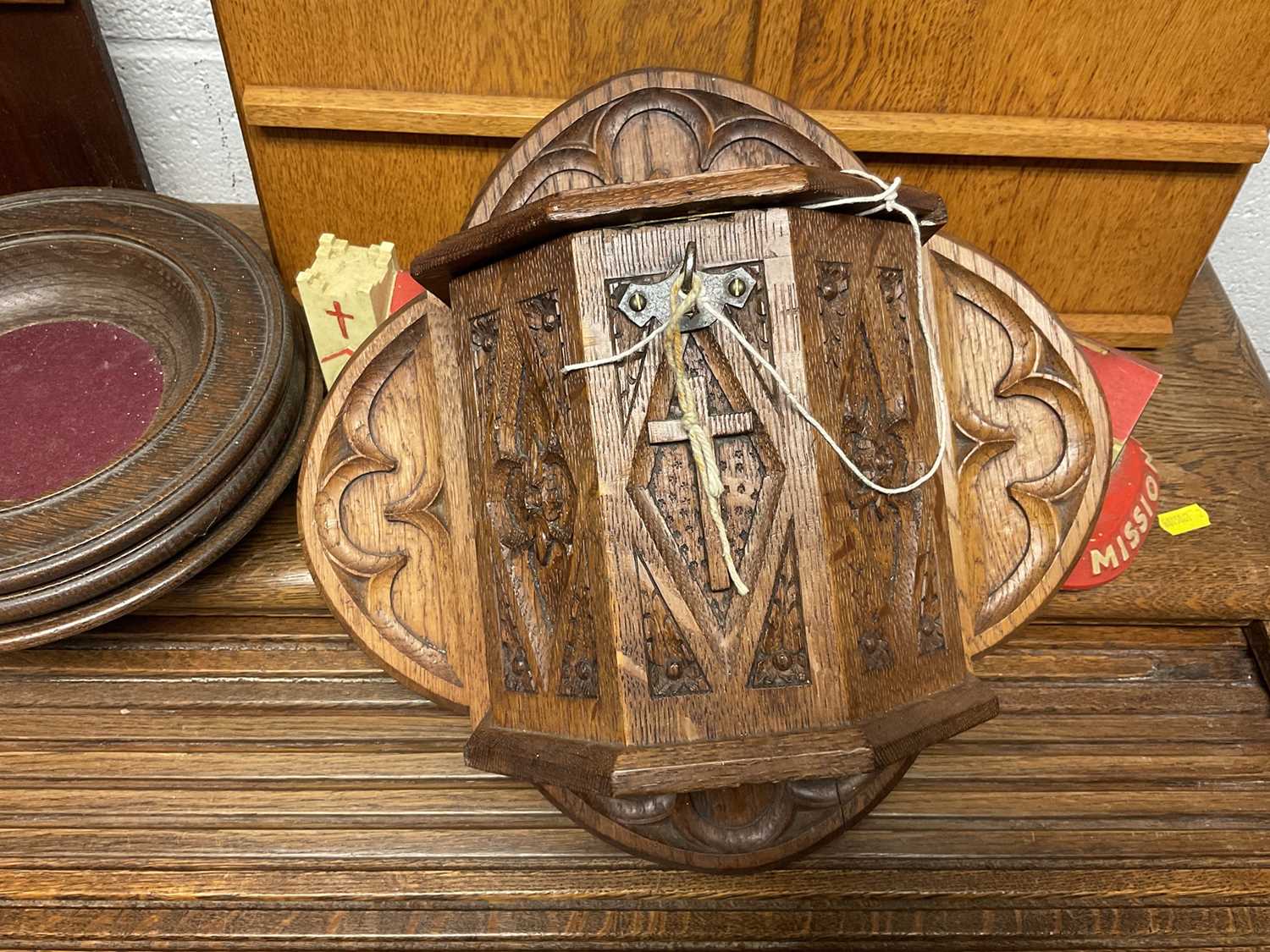 Lot 383 - Carved oak offertory box, and three oak