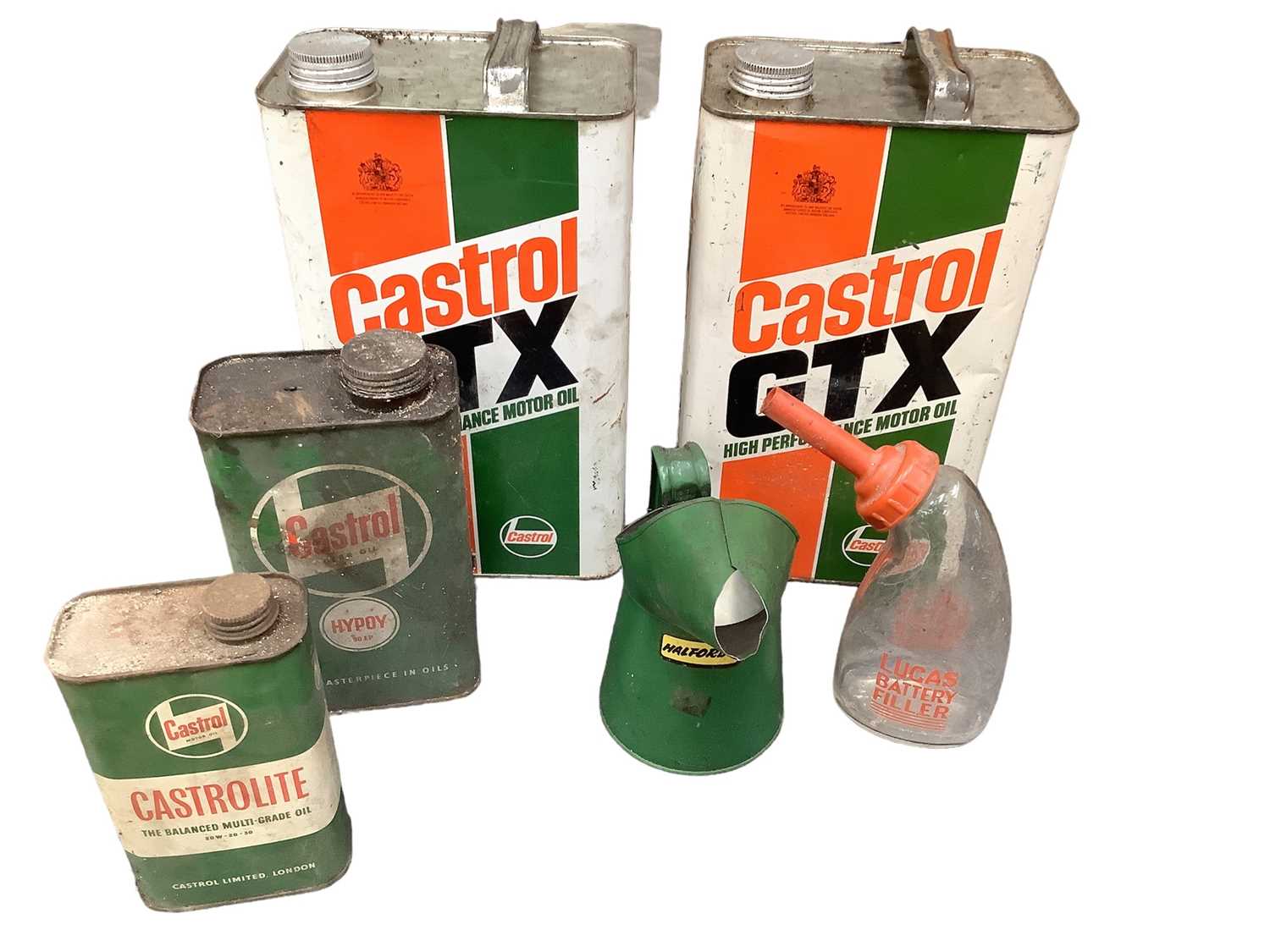 Lot 2159 - Two vintage Castrol GTX oil cans, two