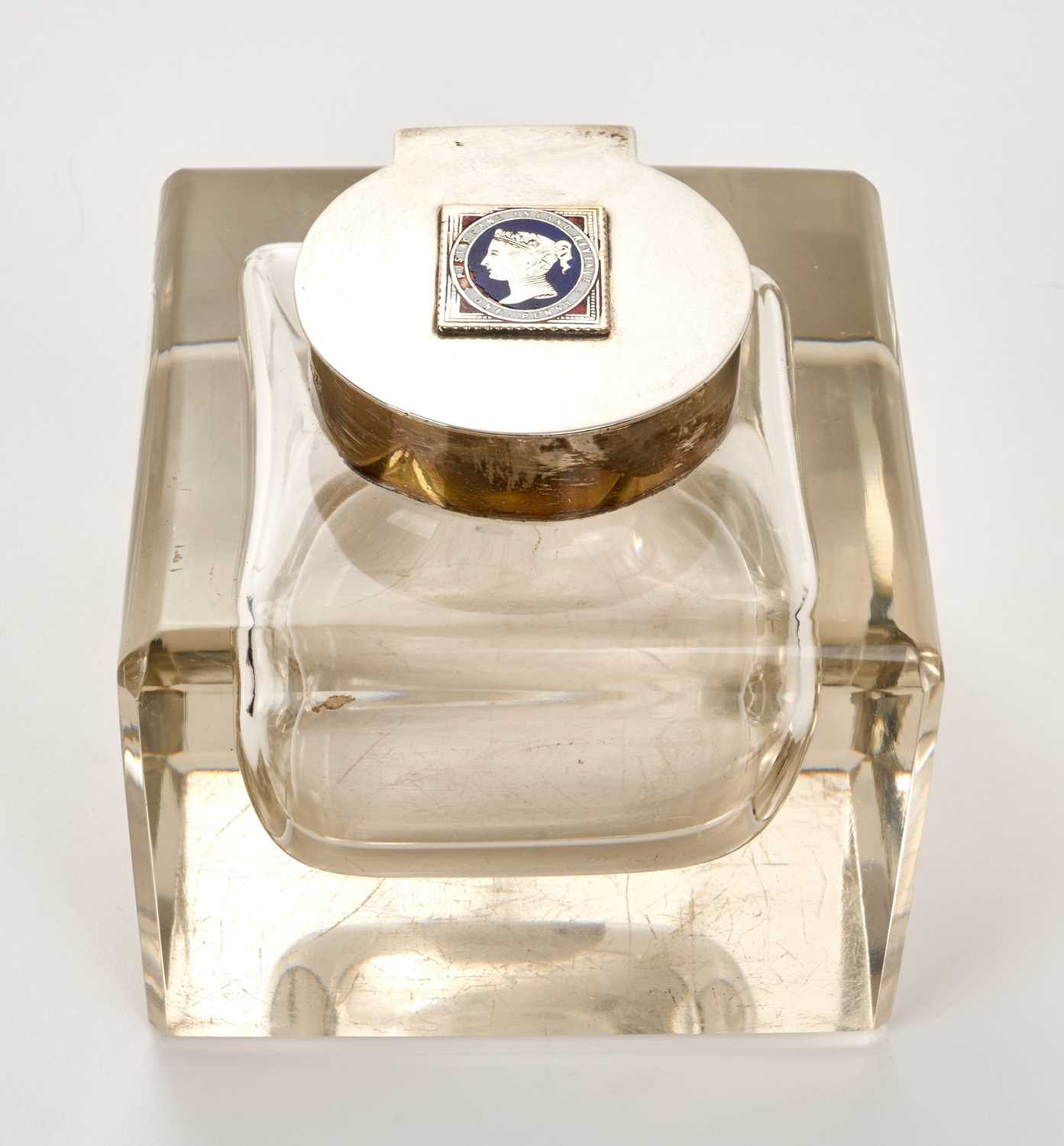 Lot 257 - Large silver mounted glass inkwell with a