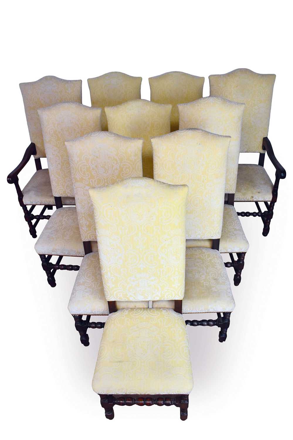 Lot 1329 - Long set of ten Caroleon style oak and