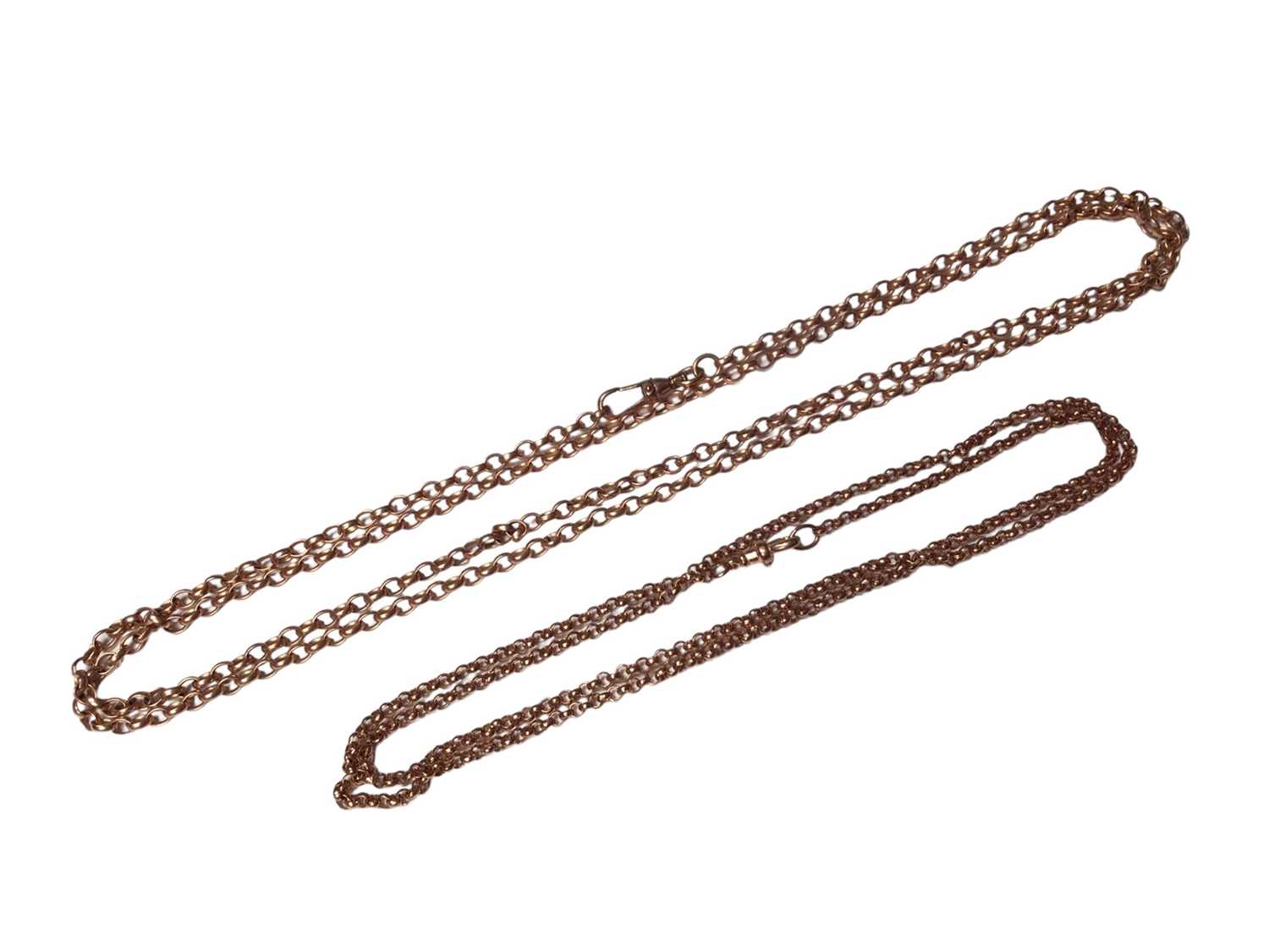 Lot 141 - Two 9ct rose gold belcher link guard chains