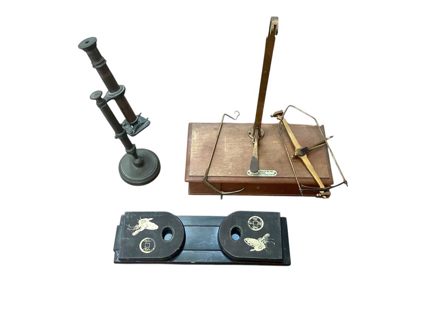 Lot 2469 - Antique microscope, balance scales, lacquer