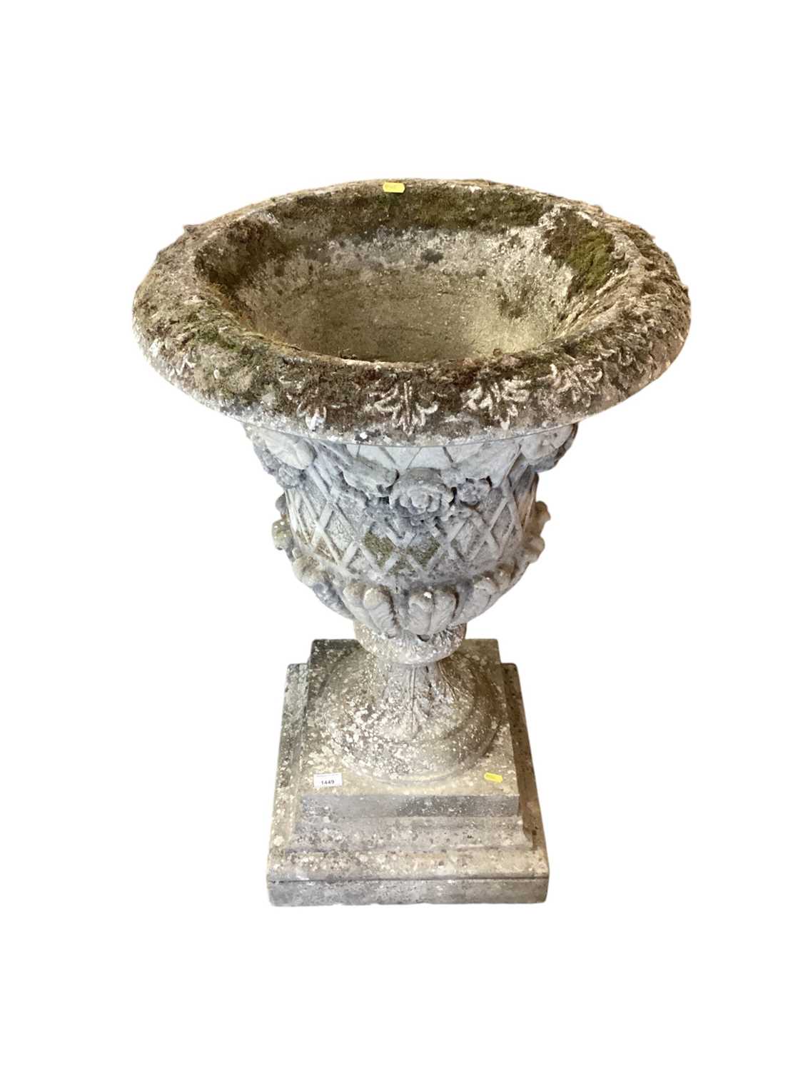 Lot 1449 - Large concrete garden urn on plinth base,