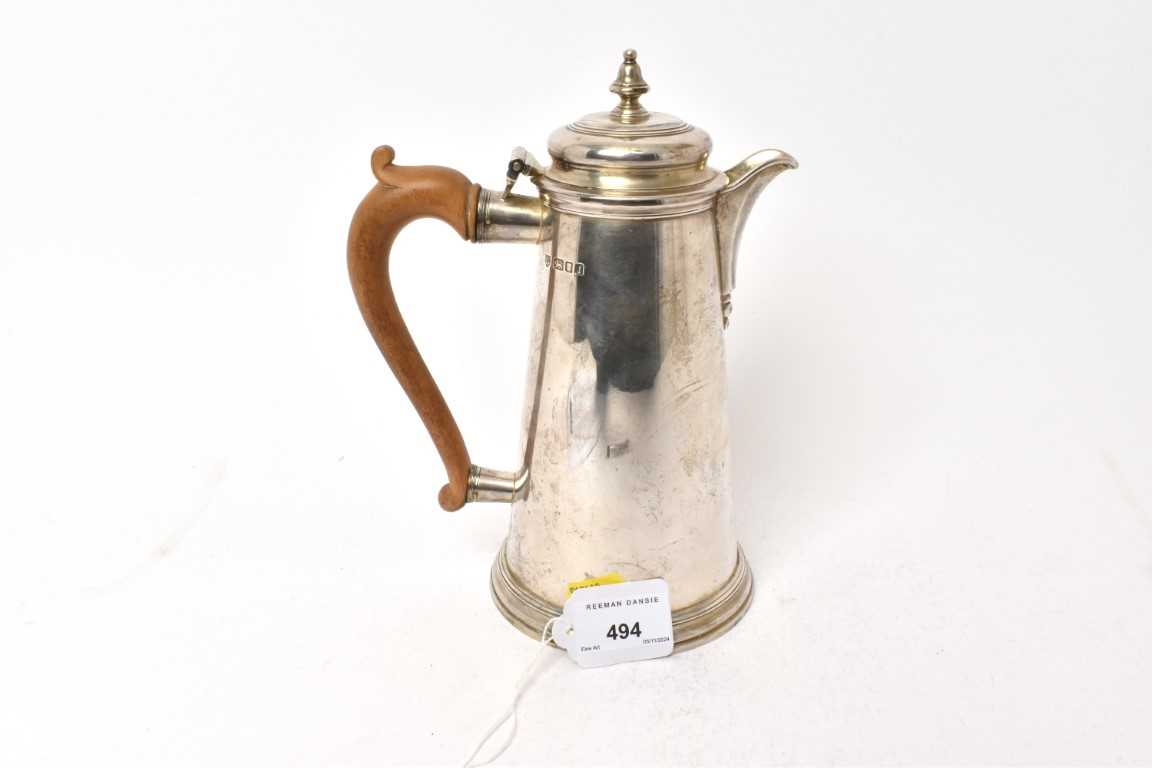 Lot 494 - Contemporary silver coffee pot of tapering