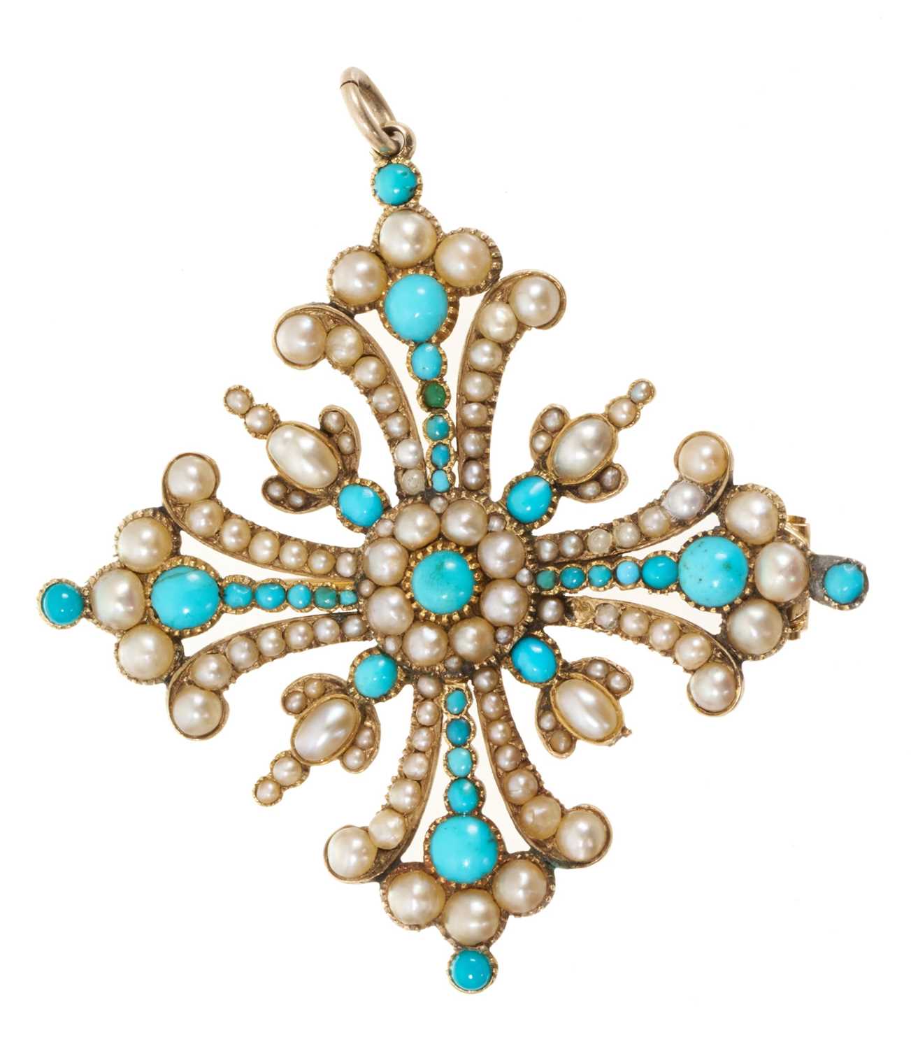 Lot 645 - Regency gold turquoise and seed pearl cross