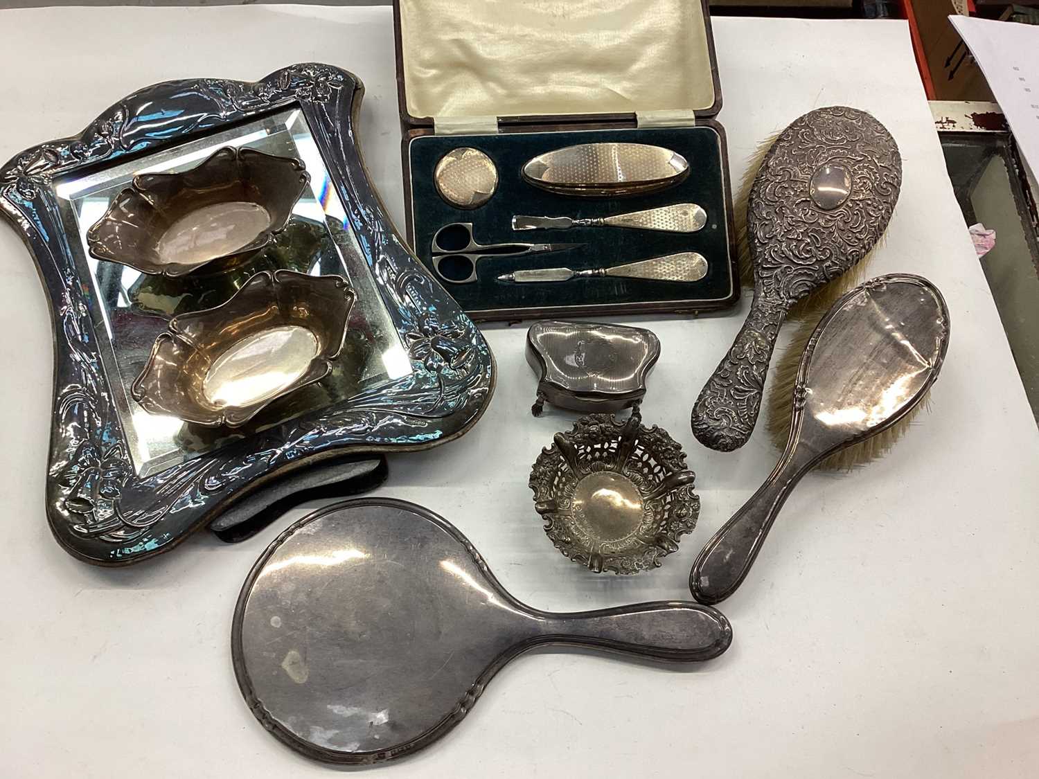 Lot 1100 - Silver dressing table mirror and various
