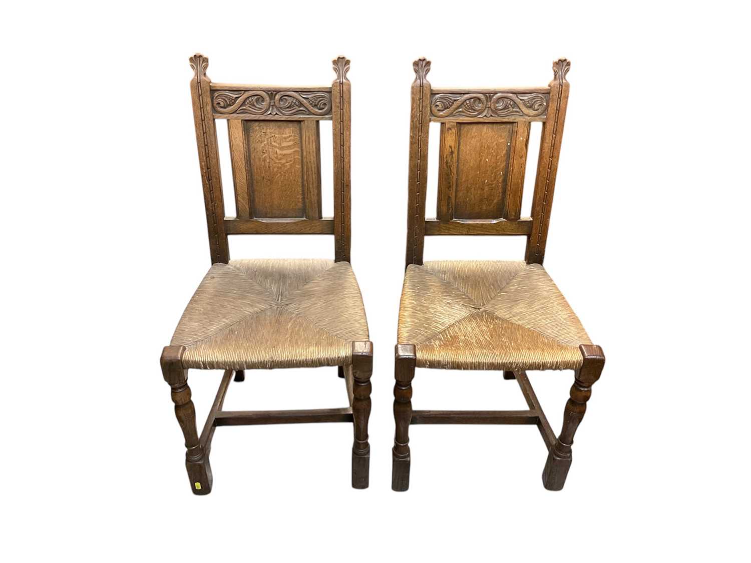 Lot 1296 - Set of six oak dining chairs with rush