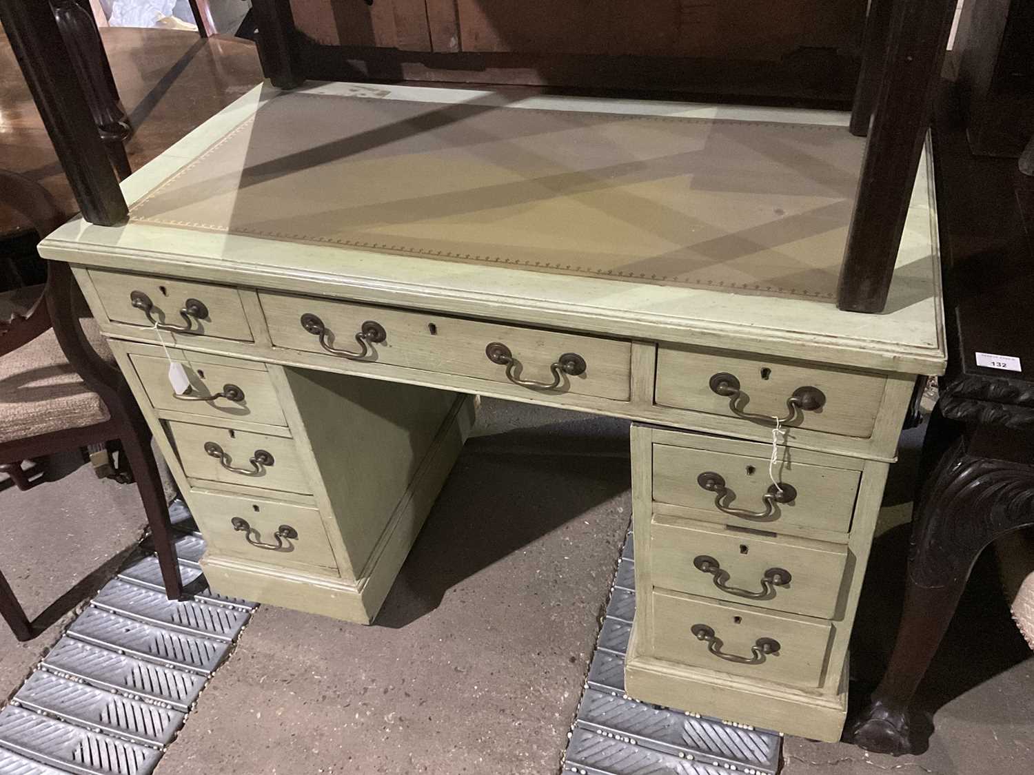 Lot 135 - Green painted twin pedestal desk with inset