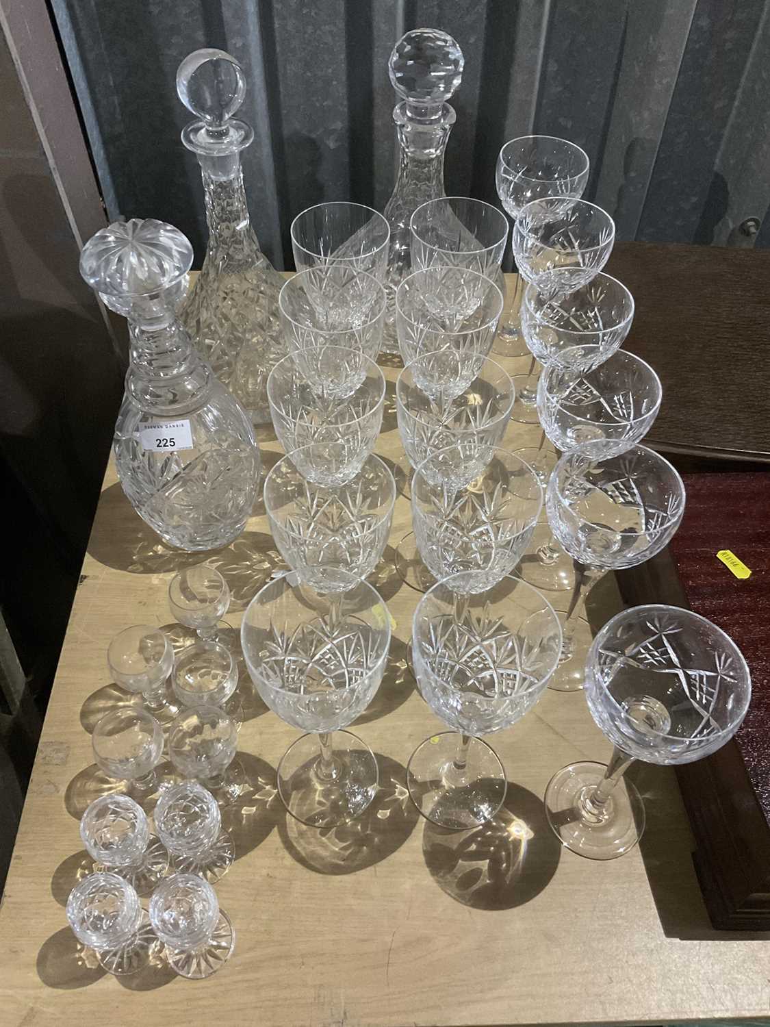 Lot 225 - Cut glass decanters, cut glass wine glasses