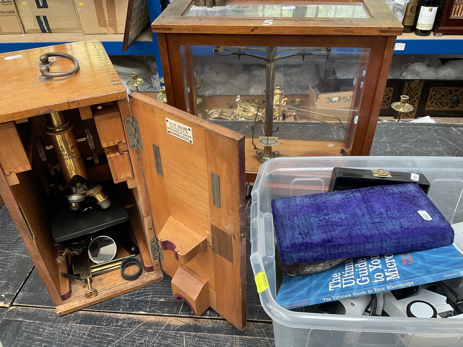 Lot 149 - Two microscopes, a chemist's balance scales
