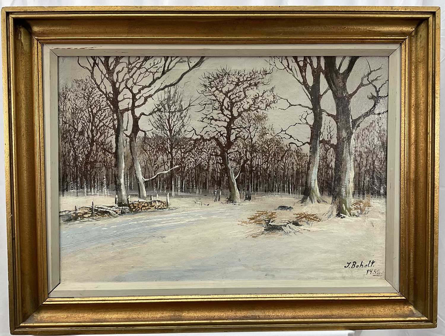 Lot 62 - J. Boholt, oil on canvas, Snowy Woodland