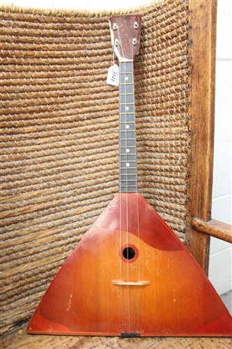 Lot 3722 - Small vintage balalaika, Greek labels to