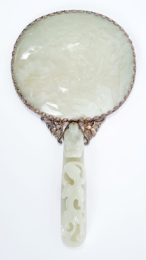 Lot 775 - Chinese jade and white metal hand mirror...