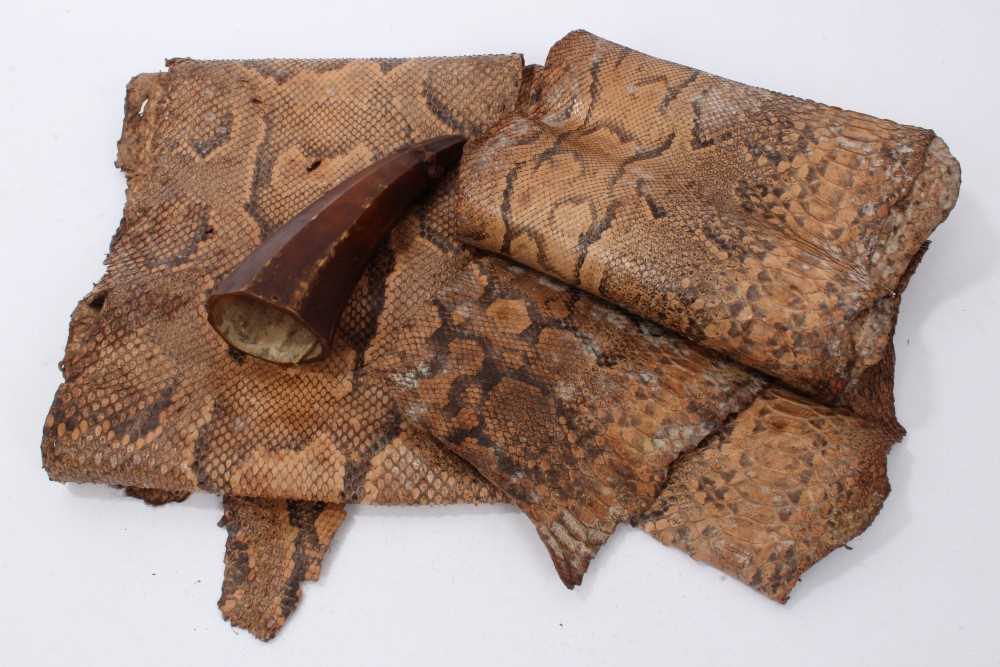Lot 797 - Antique worked horn vessel, two Python skins