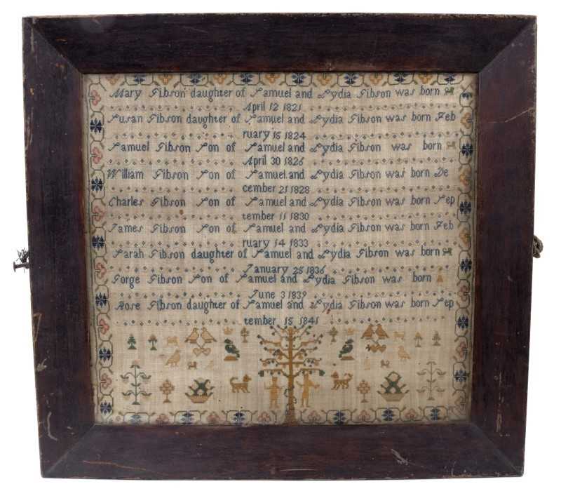 Lot 1185 - Unusual early Victorian needlework sampler