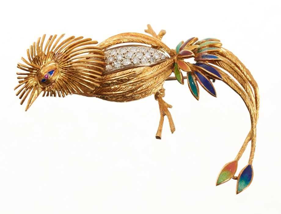 Lot 691 - 18ct gold diamond and enamel brooch in the