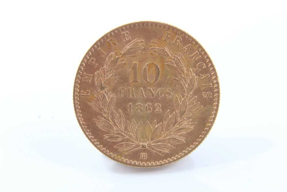 Lot 104 - France - gold Napolean III ten francs 1862BB