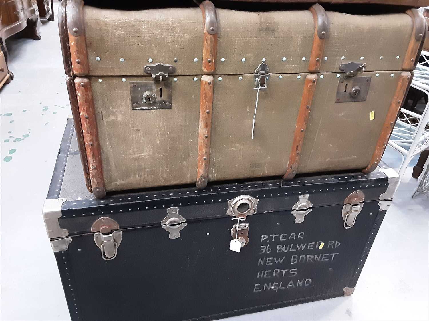 Lot 901 - Vintage wooden bound canvas trunk and one