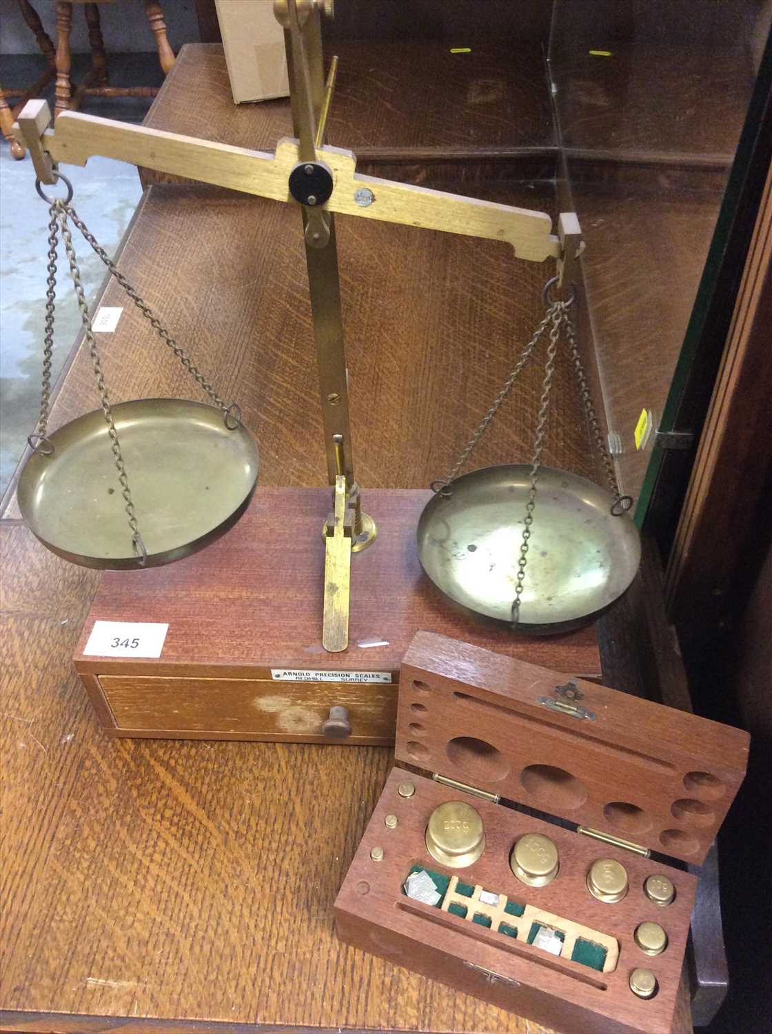 Lot 345 - Brass chemical balance scales together with