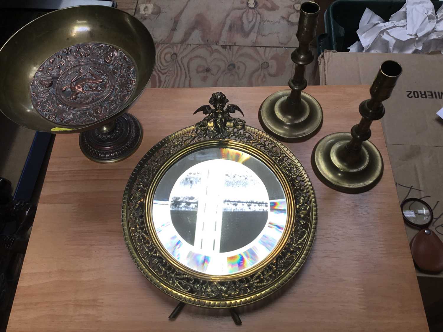 Lot 336 - Victorian brass circular easel mirror with